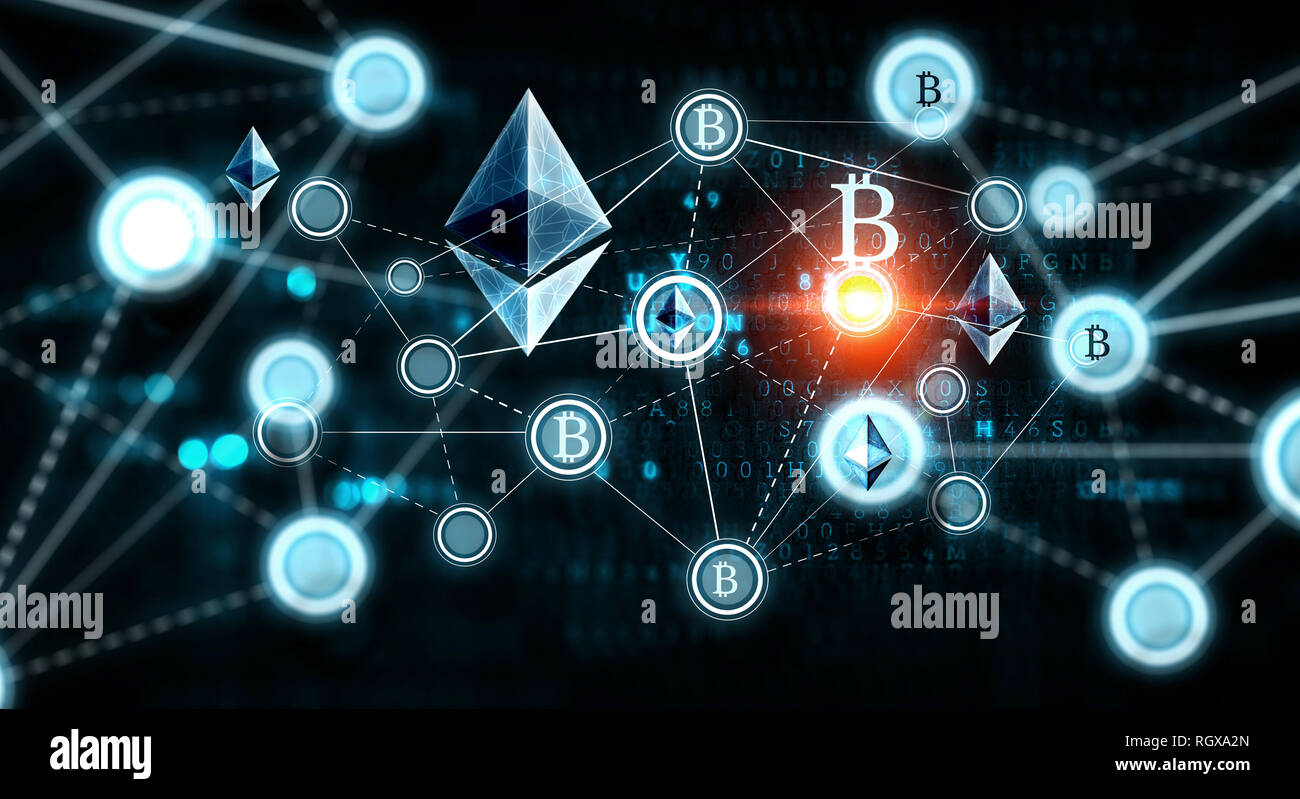 Bitcoin symbol and connection lines as concept for cryptocurrency. 3d ...