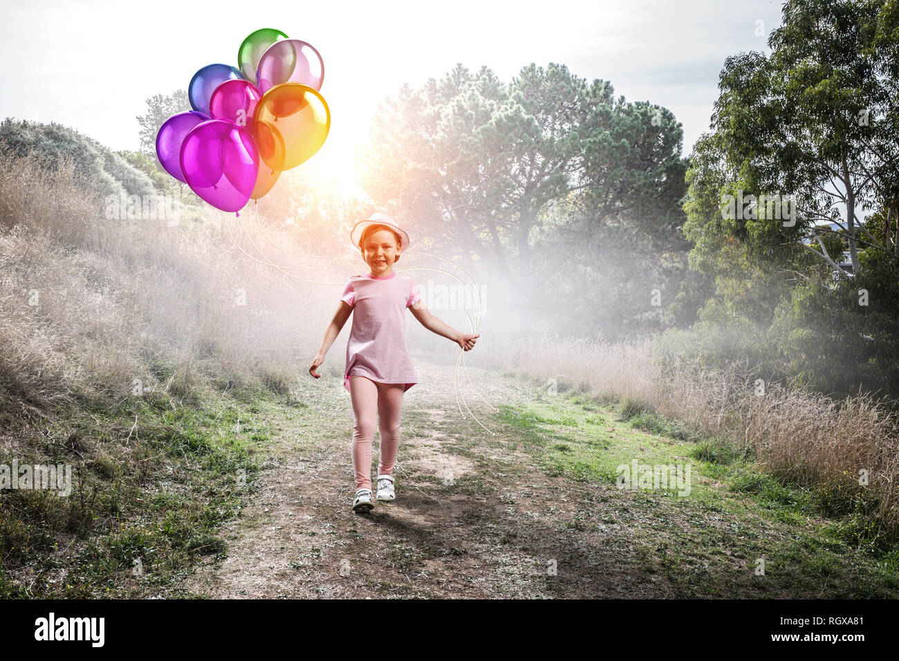 Little kid girl with balloons walking alone. Mixed media Stock Photo ...