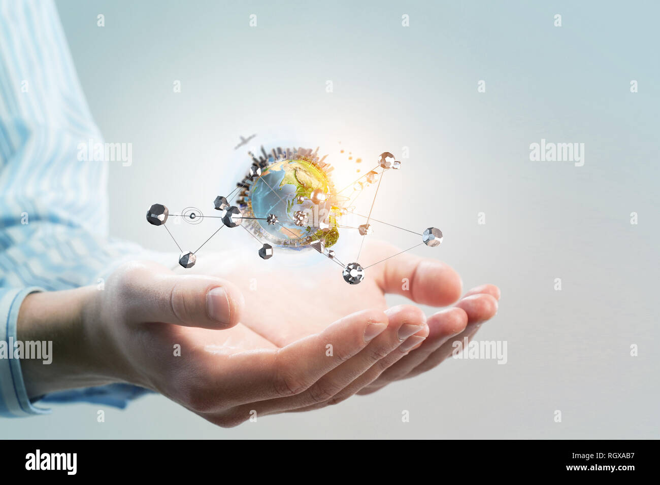 Businessman hand demonstrating digital connection lines in palm ...