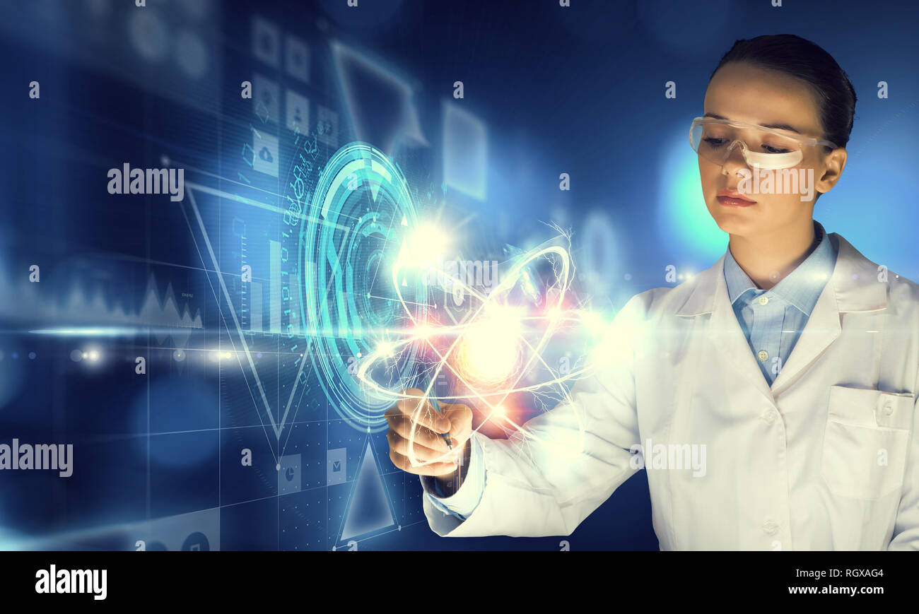 Attractive woman scientist and atom molecule. 3d rendering Stock Photo ...