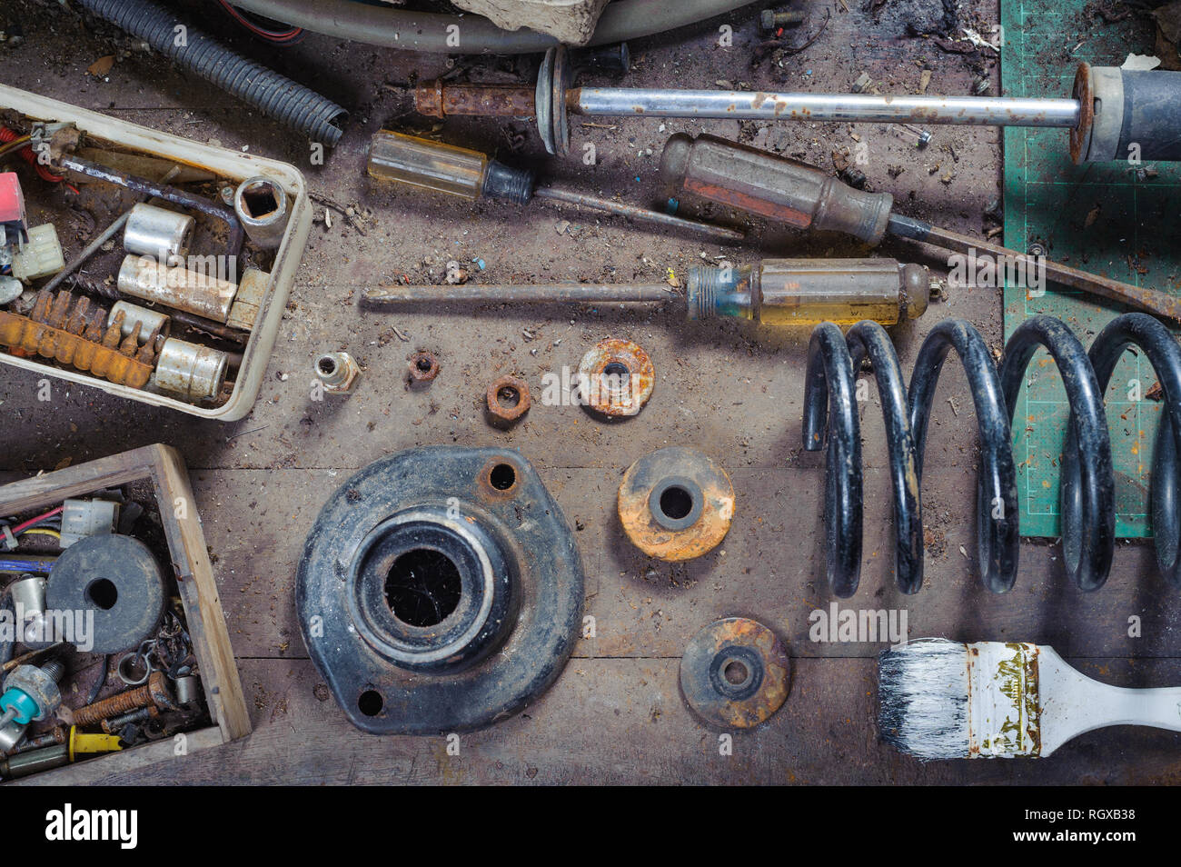 Wreck hand tools and car parts Stock Photo - Alamy