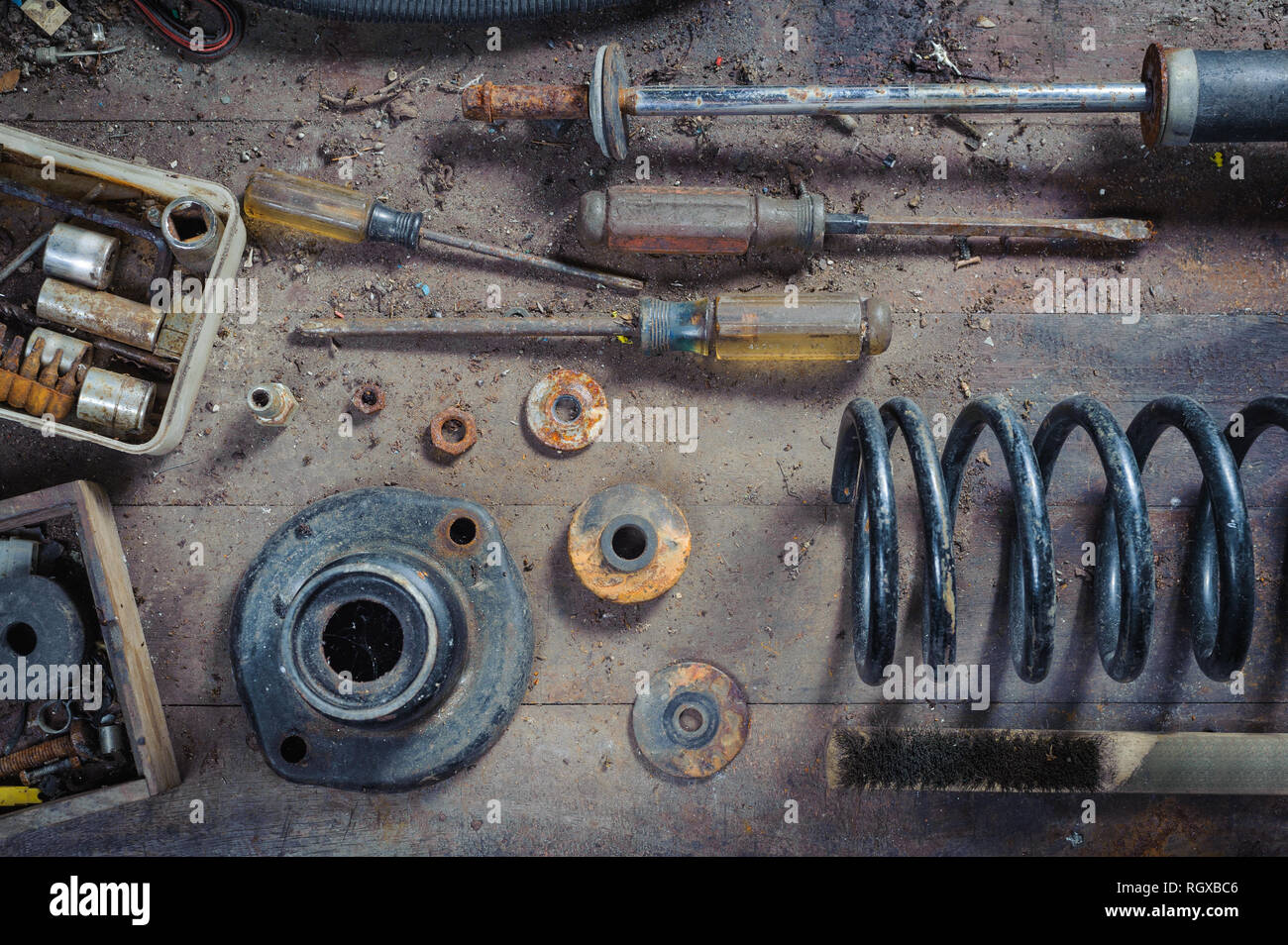 Wreck hand tools and car parts Stock Photo - Alamy