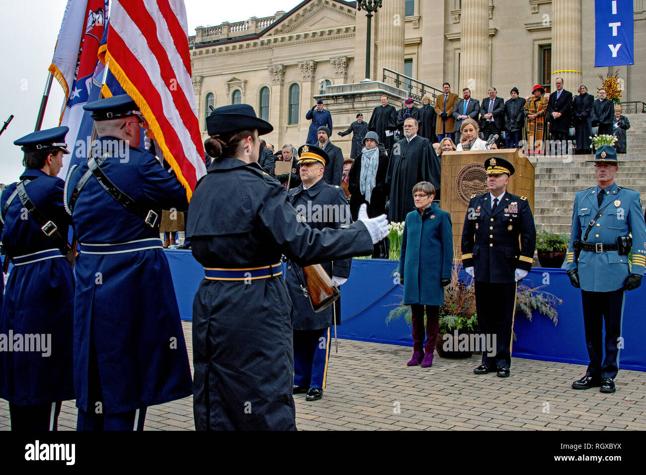 Topeka, Kansas, USA, January 14, 2019 Governor Laura Kelly stands along ...