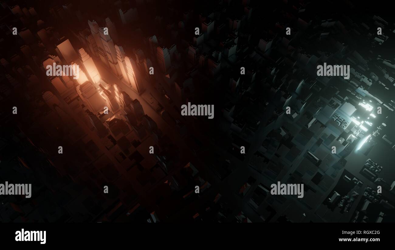 3d city with bright flashes on a dark background Stock Photo - Alamy