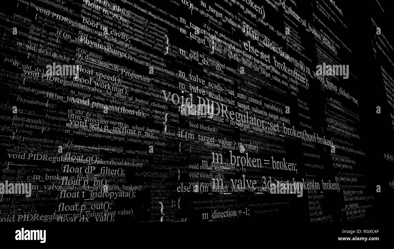 Software Source Code Layers Of Program Code On Black Background Stock