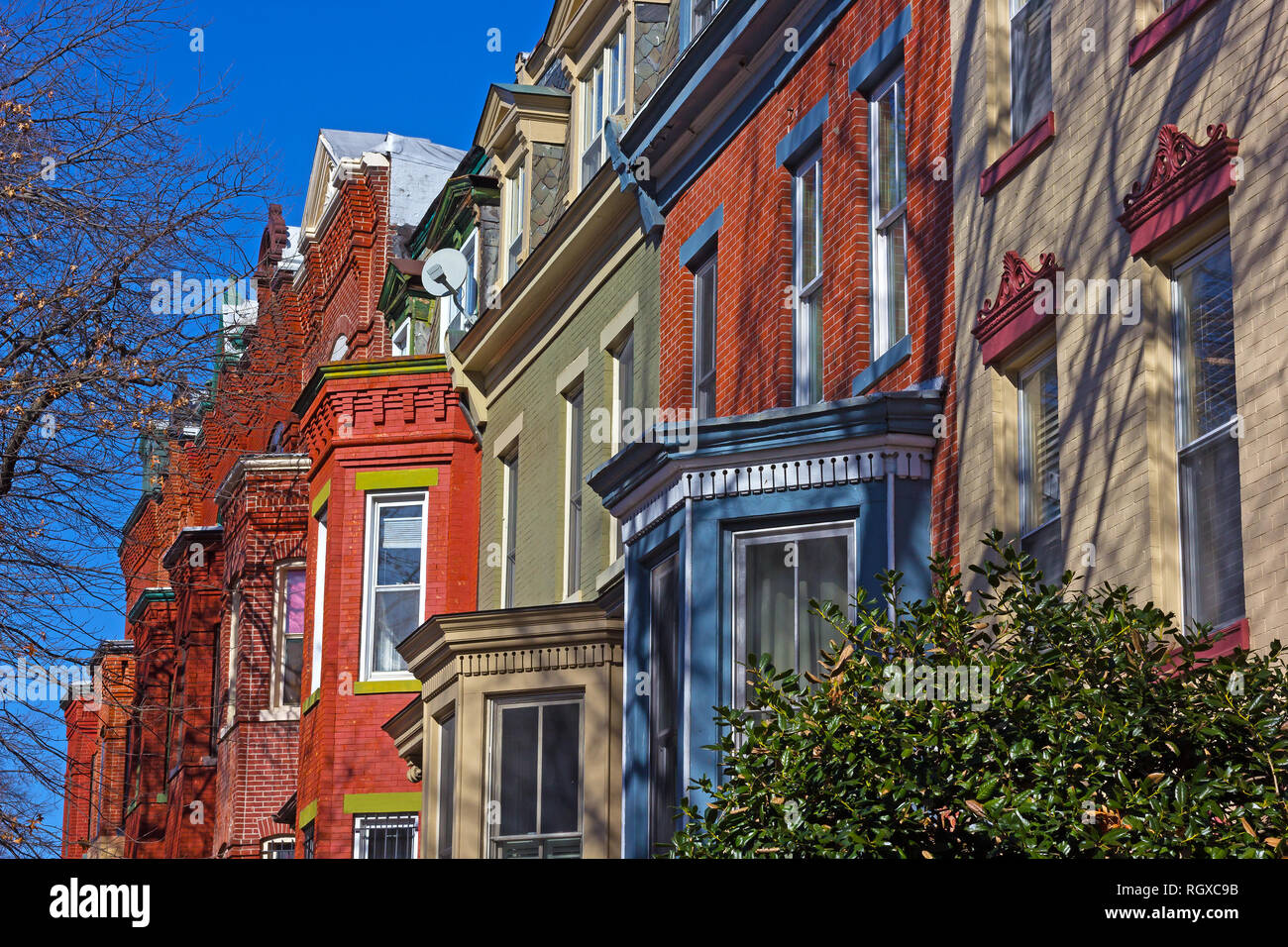 Historic residential townhouses in Washington DC suburb on a bright ...