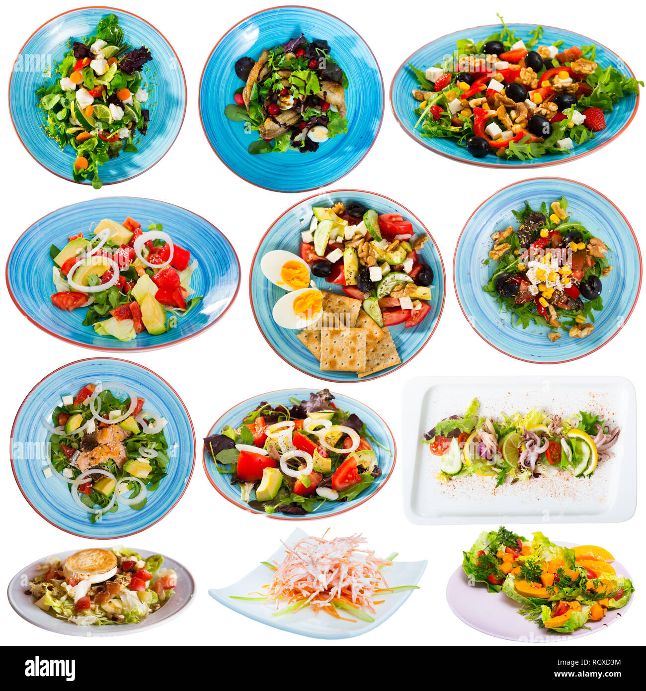 Set of various appetizing salads isolated on white background Stock ...