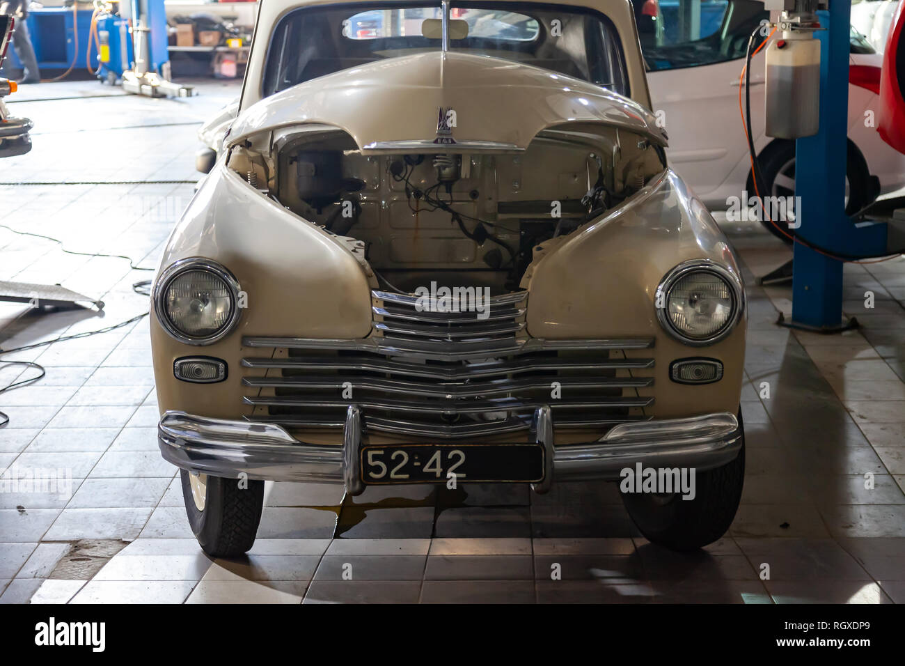 Russian classic vintage car part of the history in a repair shop in ...