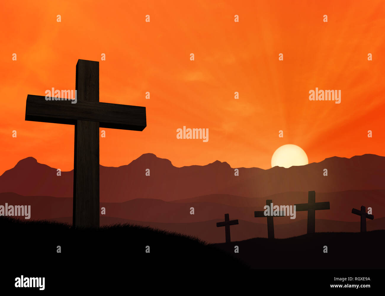 Cemetery in front of mountains at sunset Stock Photo - Alamy