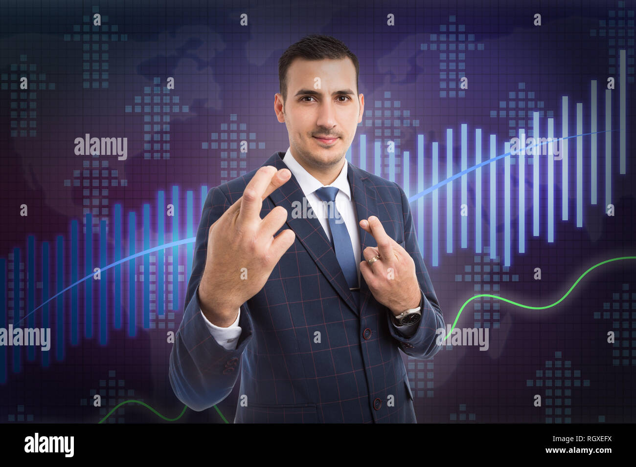 Broker man doing good luck gesture with crossed fingers as hopeful ...