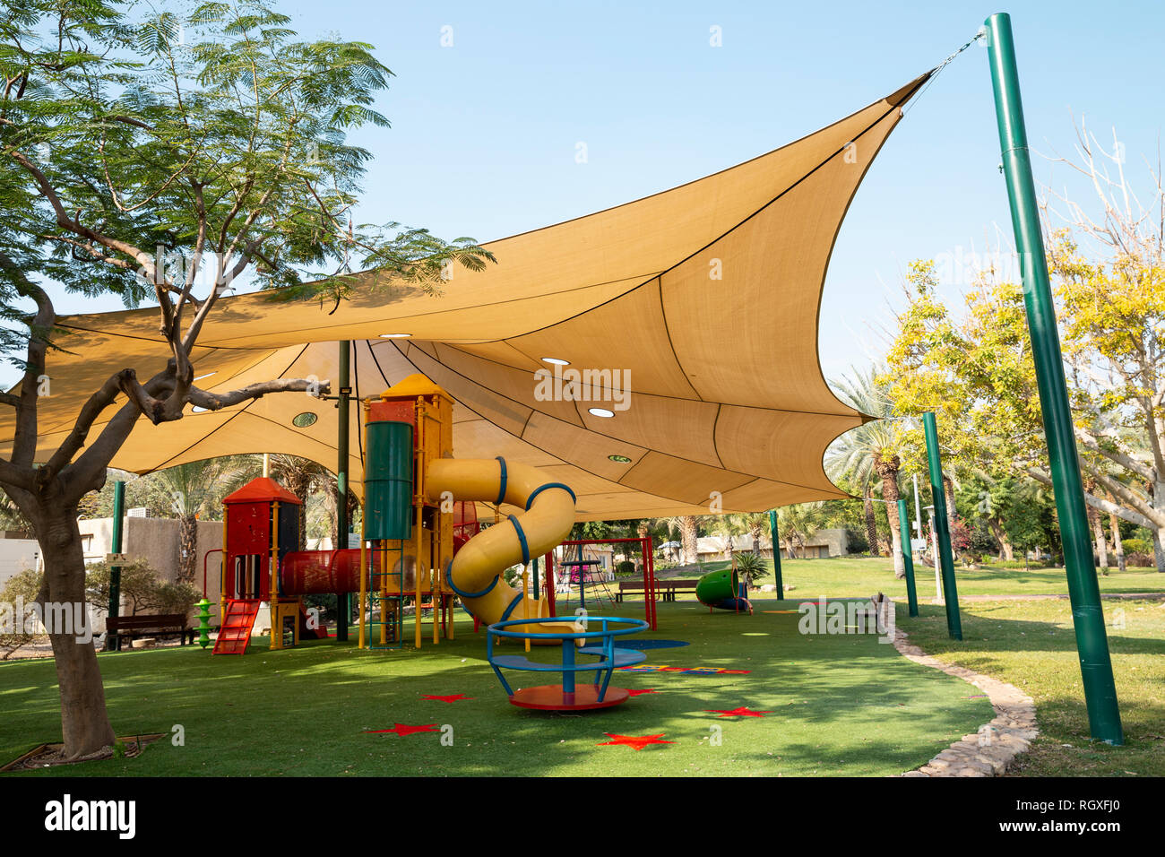 Shade structure on the playground safe for UV sun protection Stock ...