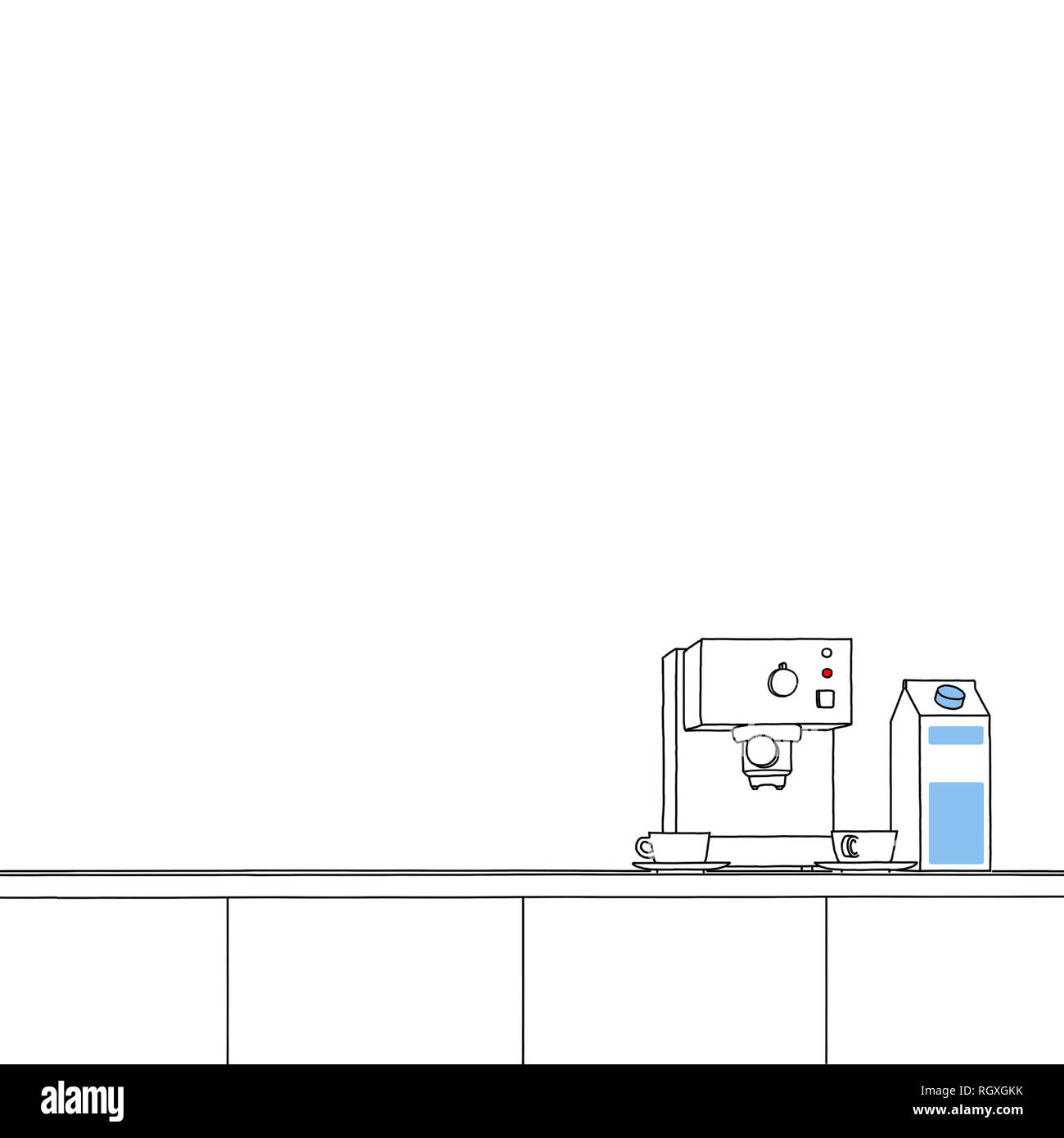 Sketch illustration drawing of coffee machine on desktop against blank ...