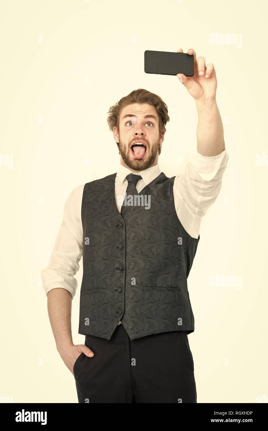 Businessman with phone in outfit isolated on white background. Buy ...