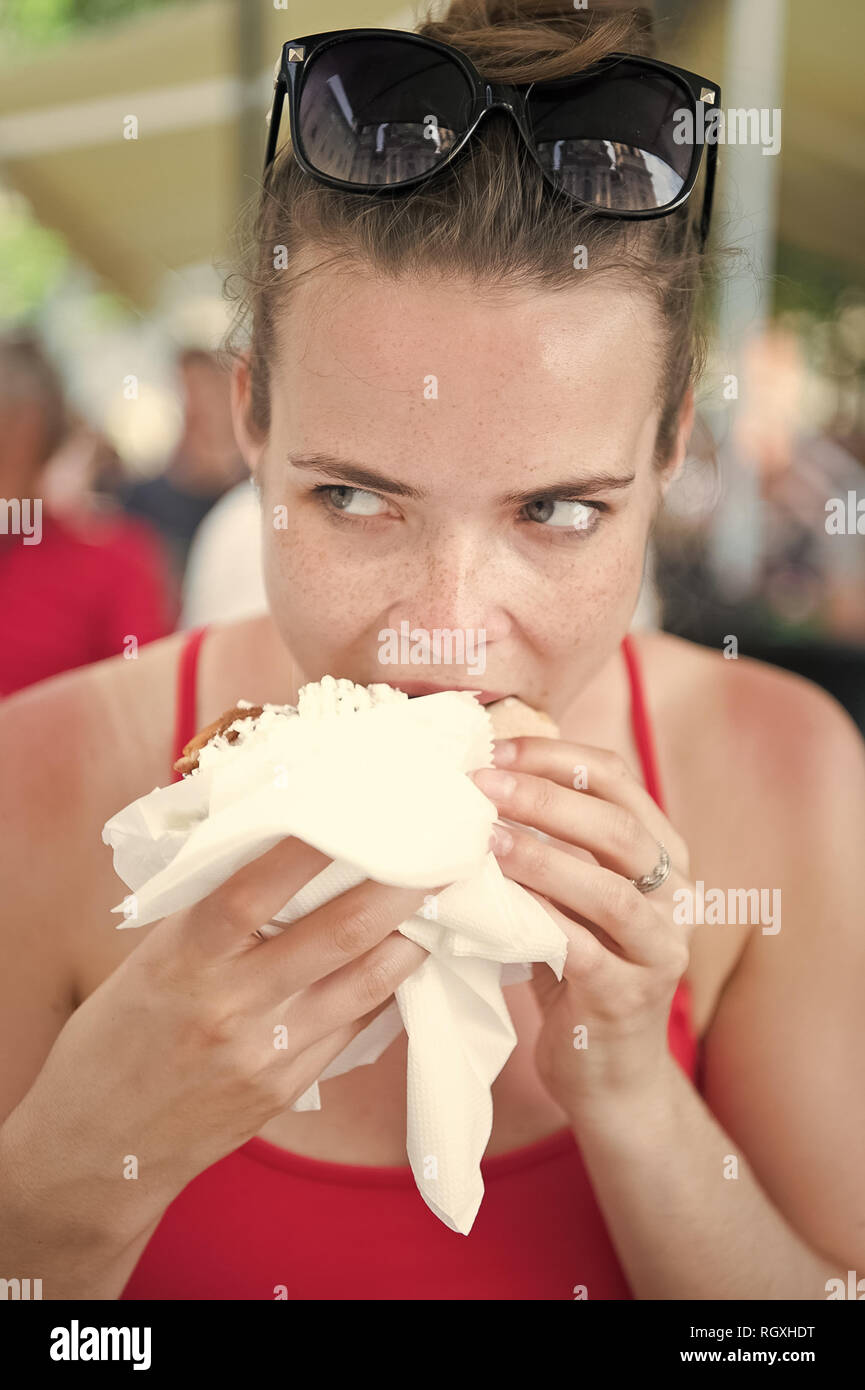 pretty girl or Woman eating sandwich gyros. Girl with pleasure eats ...