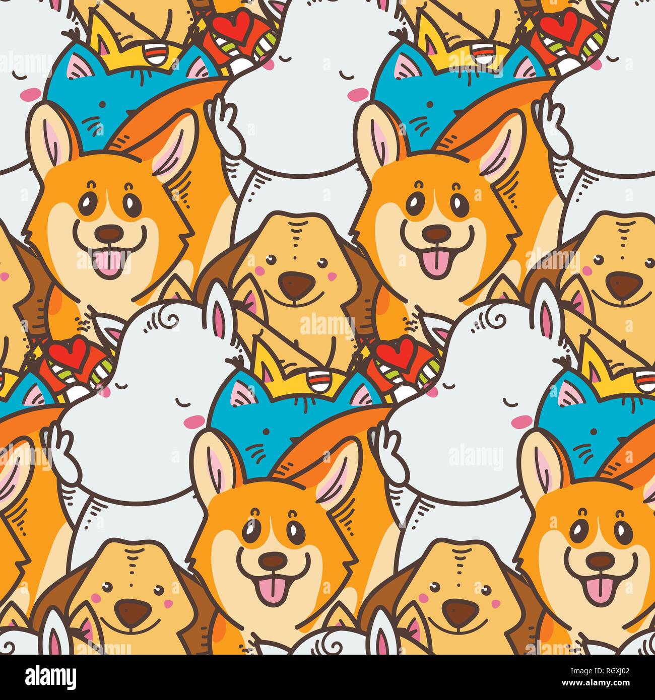 Seamless pattern with cute domestic animals. Kawaii doodle pets. Vector ...