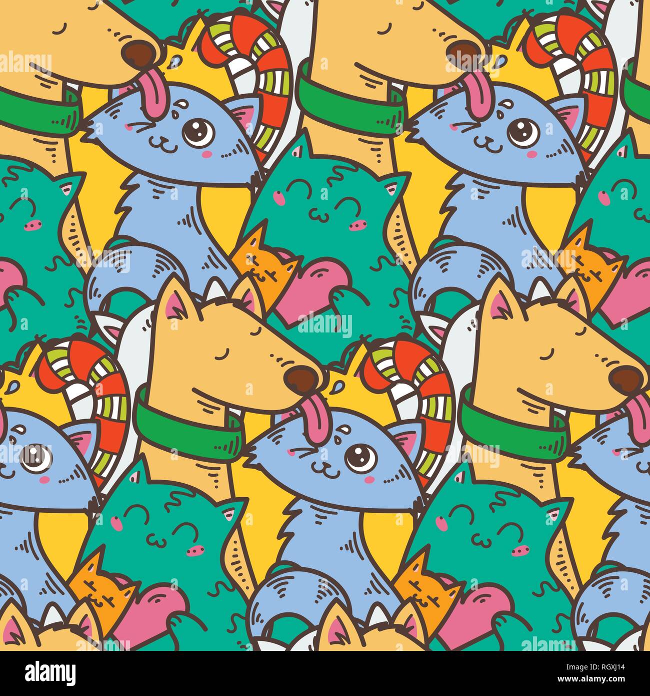Seamless pattern with cute domestic animals. Kawaii doodle pets. Vector ...