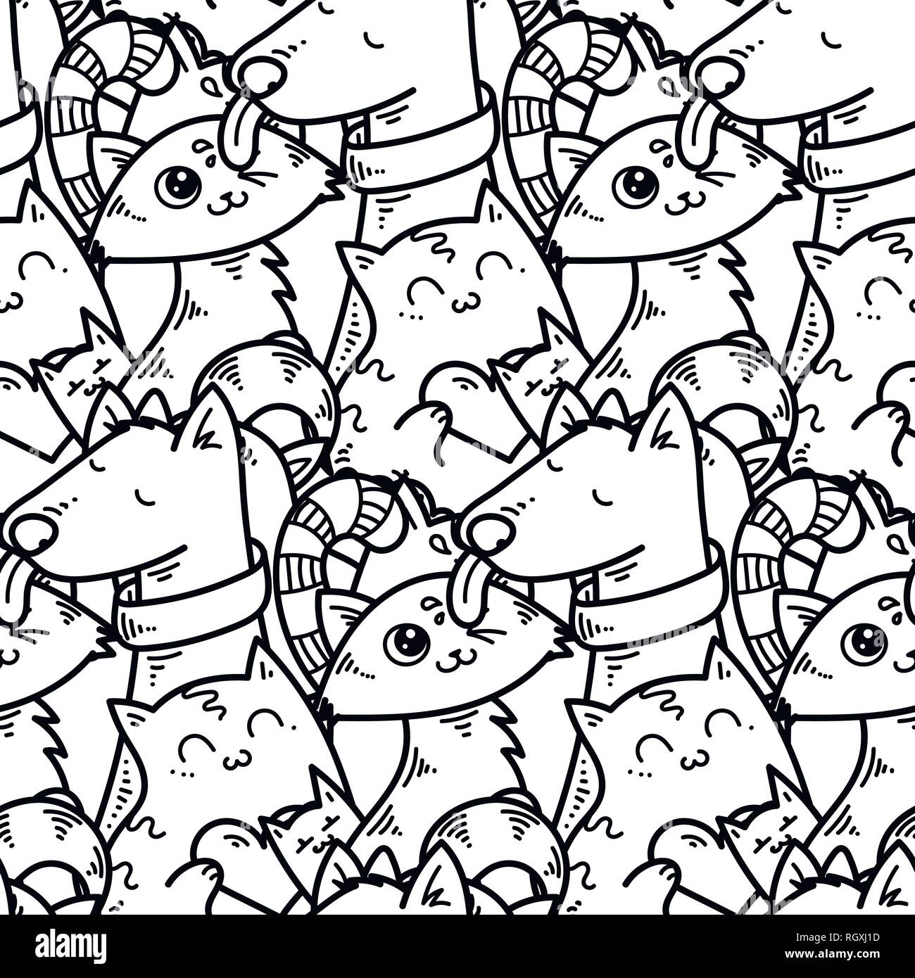 Seamless pattern with cute domestic animals. Kawaii doodle pets. Vector ...