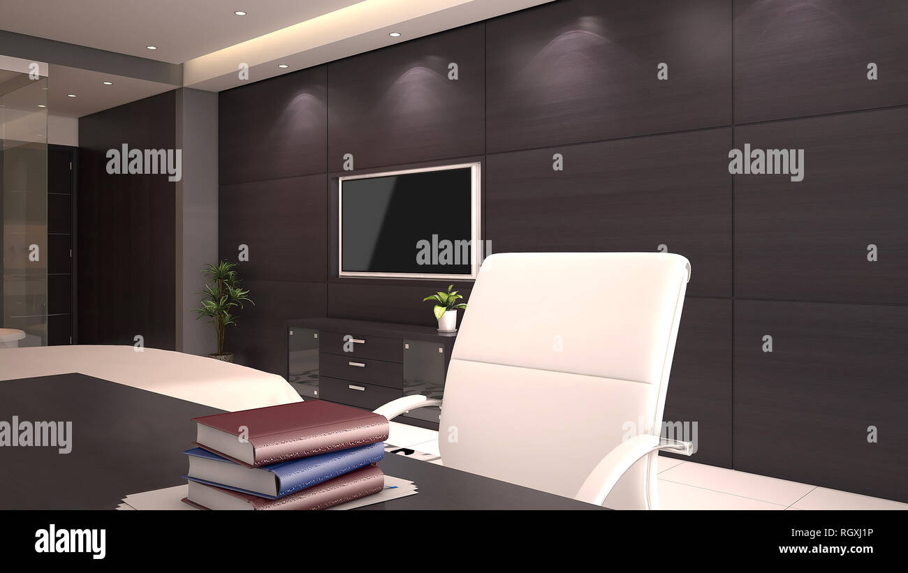 3d render of hotel room office desk with books on desktop Stock Photo ...