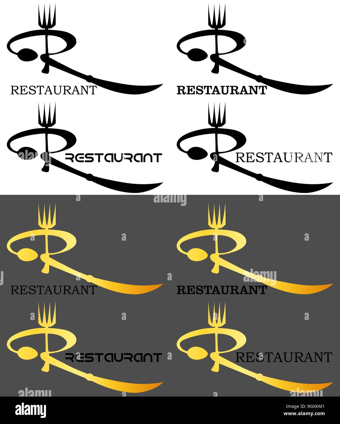 typographic logo of the restaurant with a letter R from a spoon fork ...