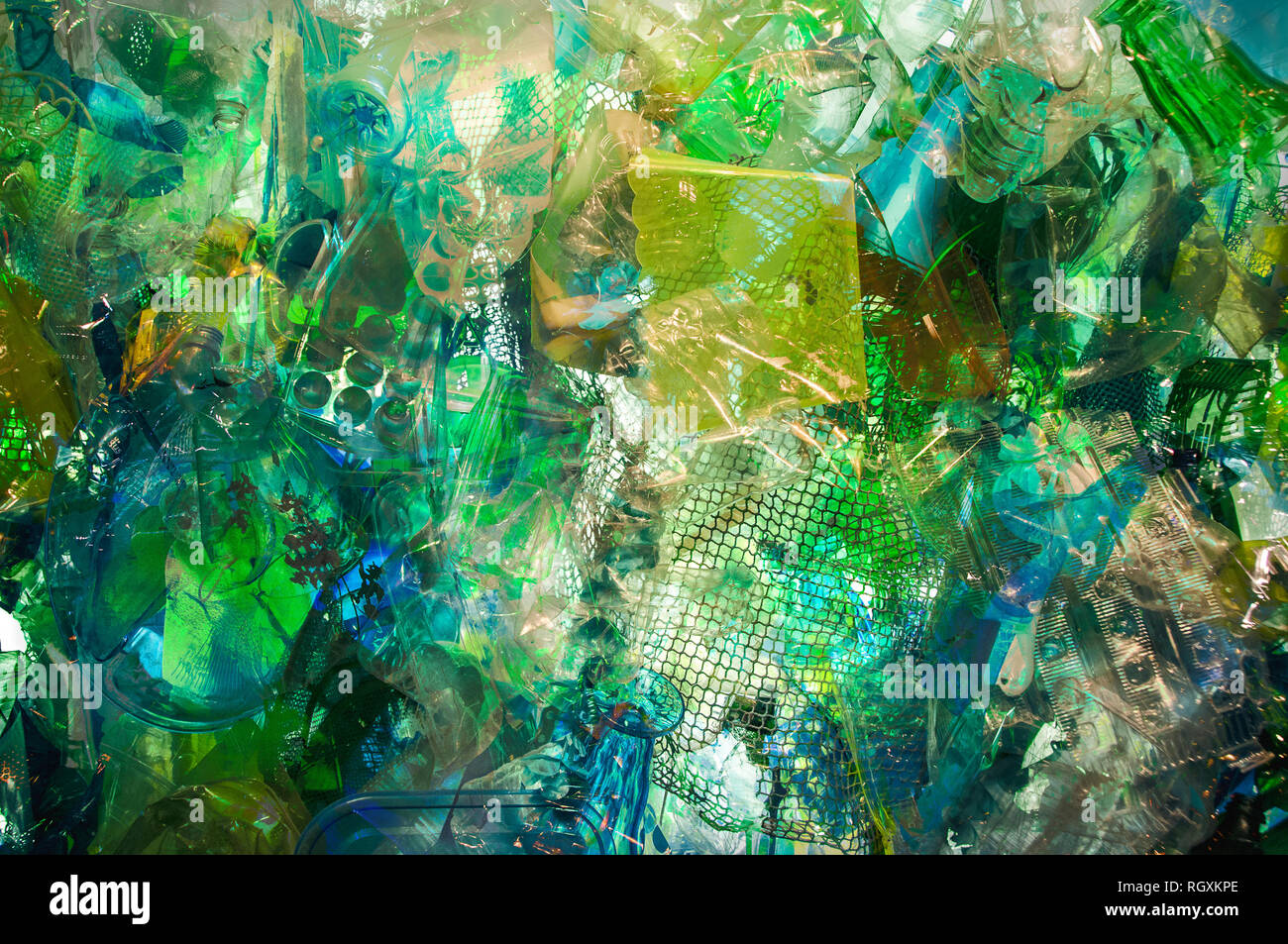 Plastic objects retrieved from the ocean with a net. This trash is ...