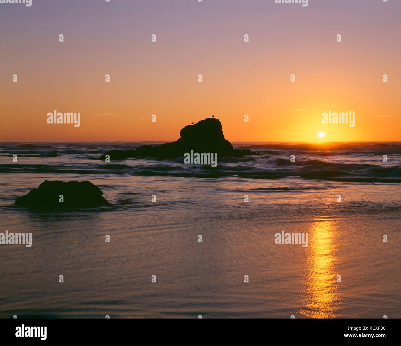USA, Oregon, Cannon Beach, Sunset and rocks near Silver Point Stock ...