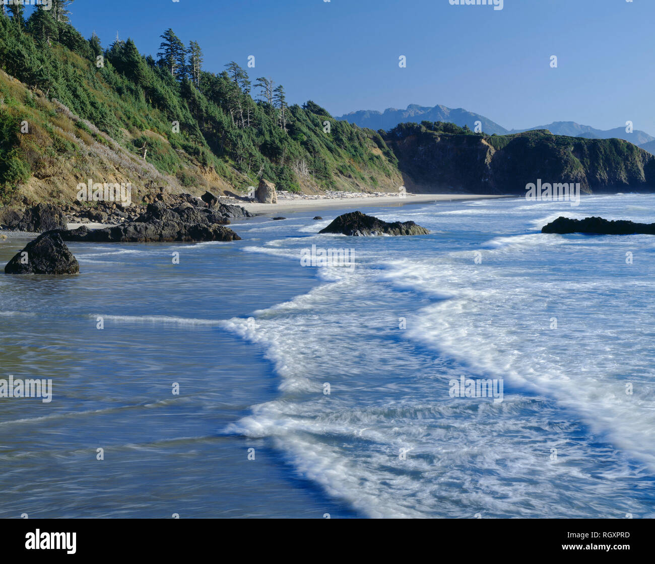 USA, Oregon, Ecola State Park, Incoming waves wash onto Crescent Beach ...