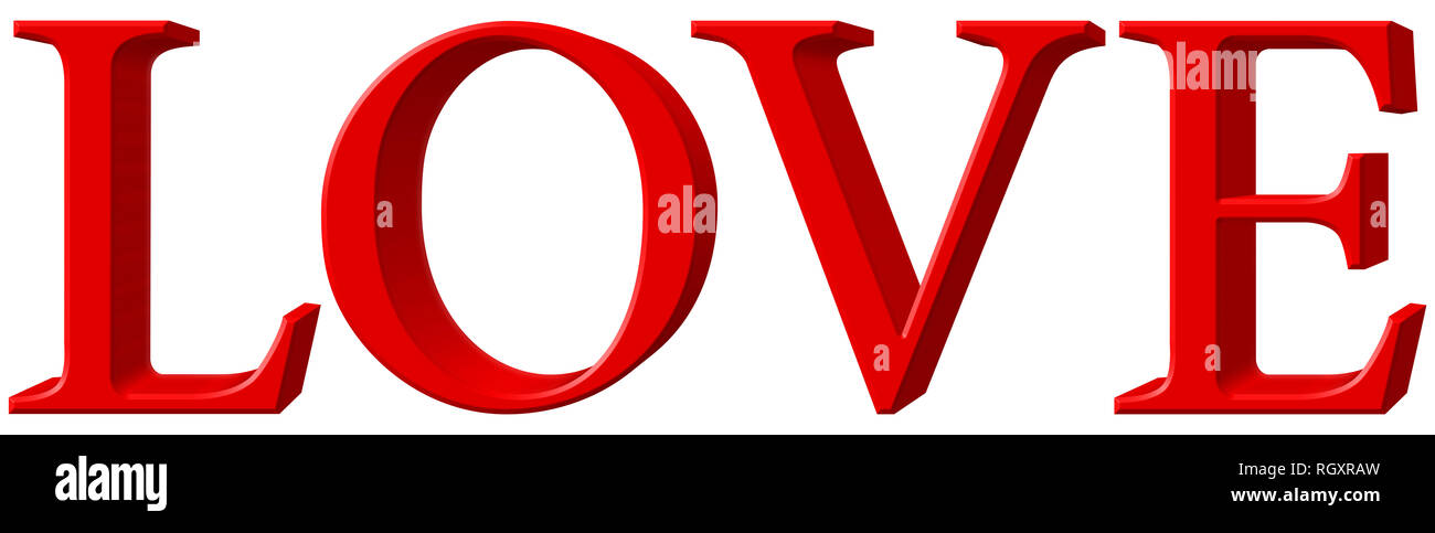 Word love, set of letters in uppercase, red, extrusion perspective on ...