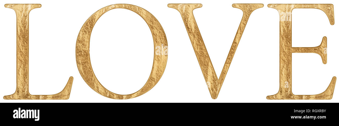 Word love, set of letters in uppercase, imitation texture of gold ...