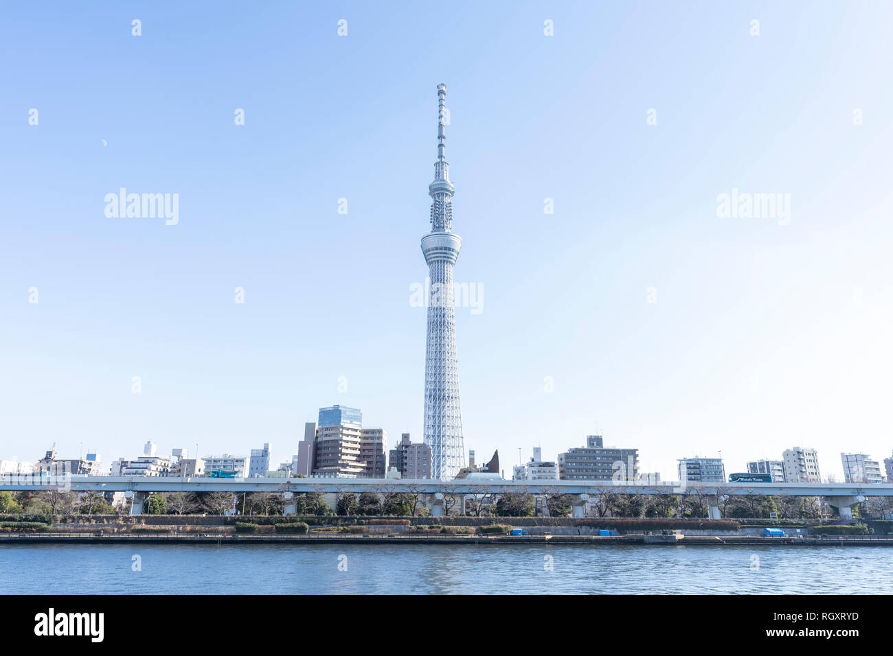 Tokyo Skytree, Sumida-Ku, Tokyo, Japan. View from riverside of Sumida ...