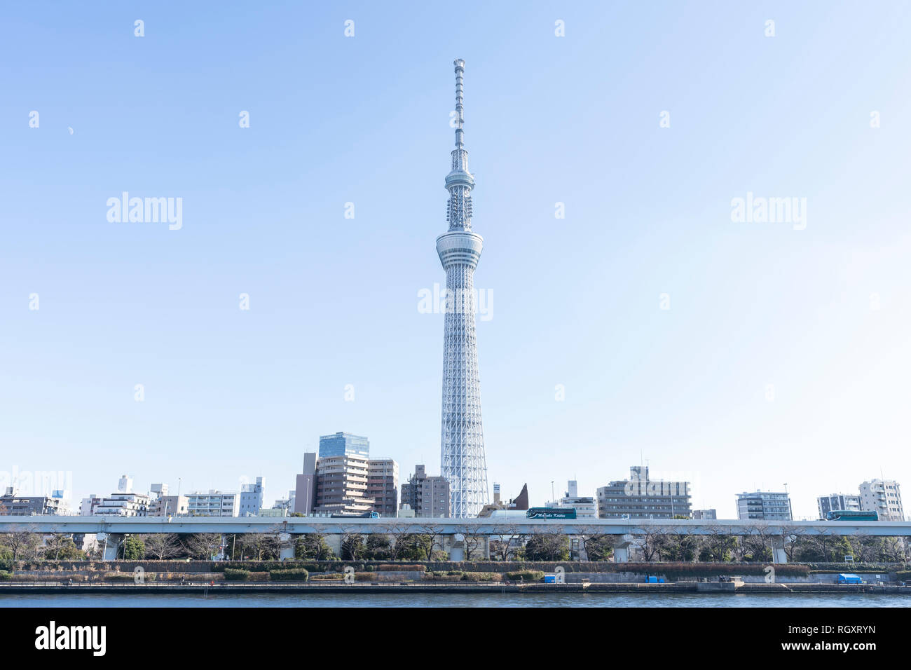 Tokyo Skytree, Sumida-Ku, Tokyo, Japan. View from riverside of Sumida ...