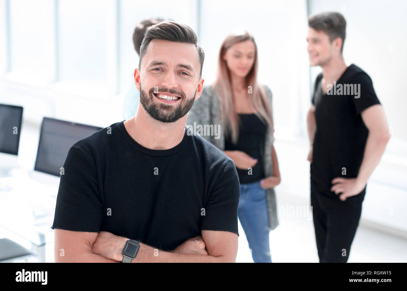 Four business people talking on a break in modern environment Stock ...