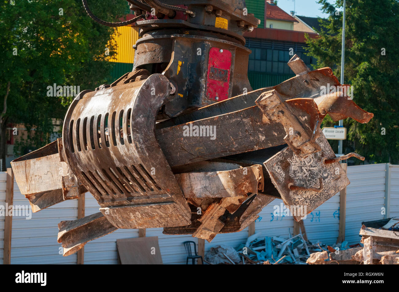 Demolition site. Sorting Grabs used to sort waste. Here recovery of ...