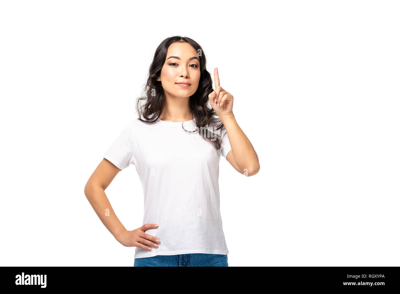 pretty asian woman showing idea gesture isolated on white Stock Photo ...