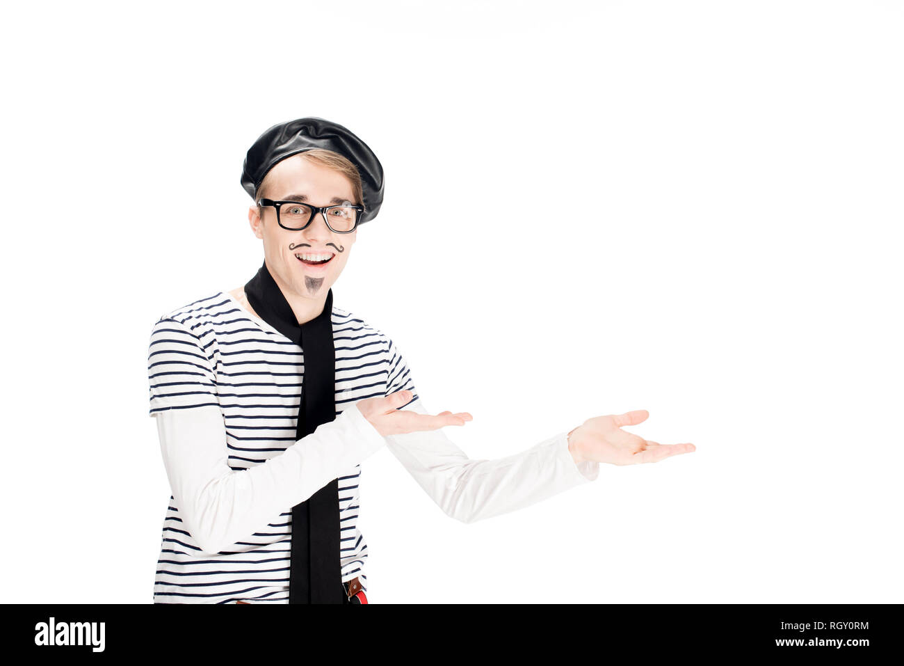 cheerful french man with mustache smiling and showing welcome gesture ...