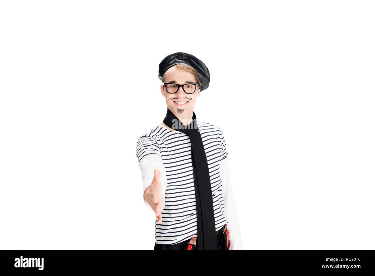 smiling french man in black beret and scarf with greeting gesture ...