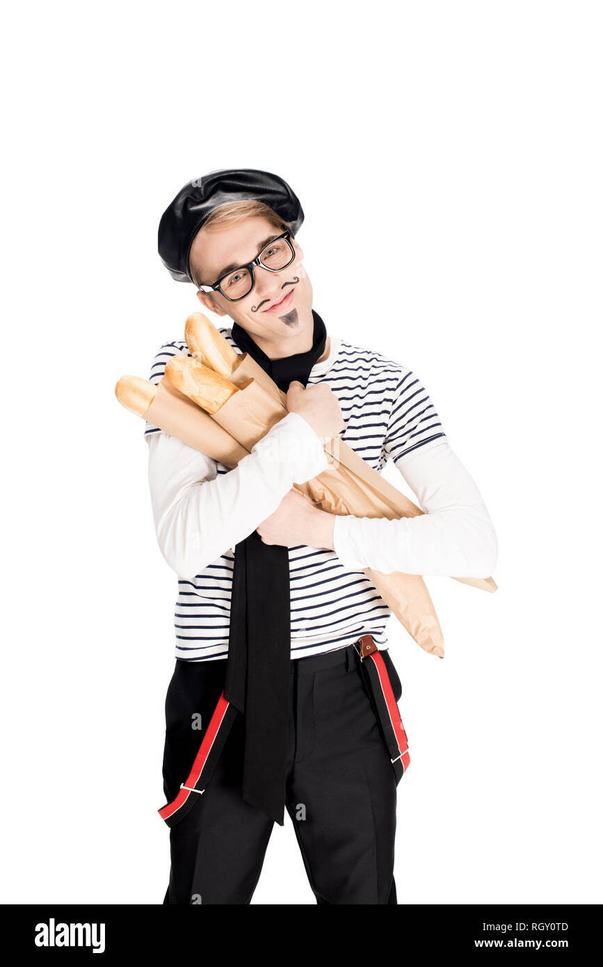 french man in glasses and black beret embracing tasty baguettes ...