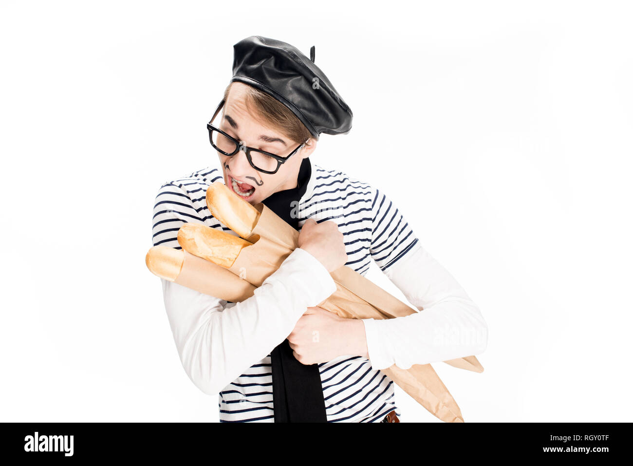 french man in glasses eating tasty baguettes isolated on white Stock ...