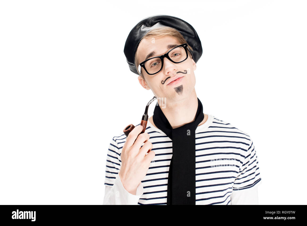 handsome french man in glasses holding pipe isolated on white Stock ...