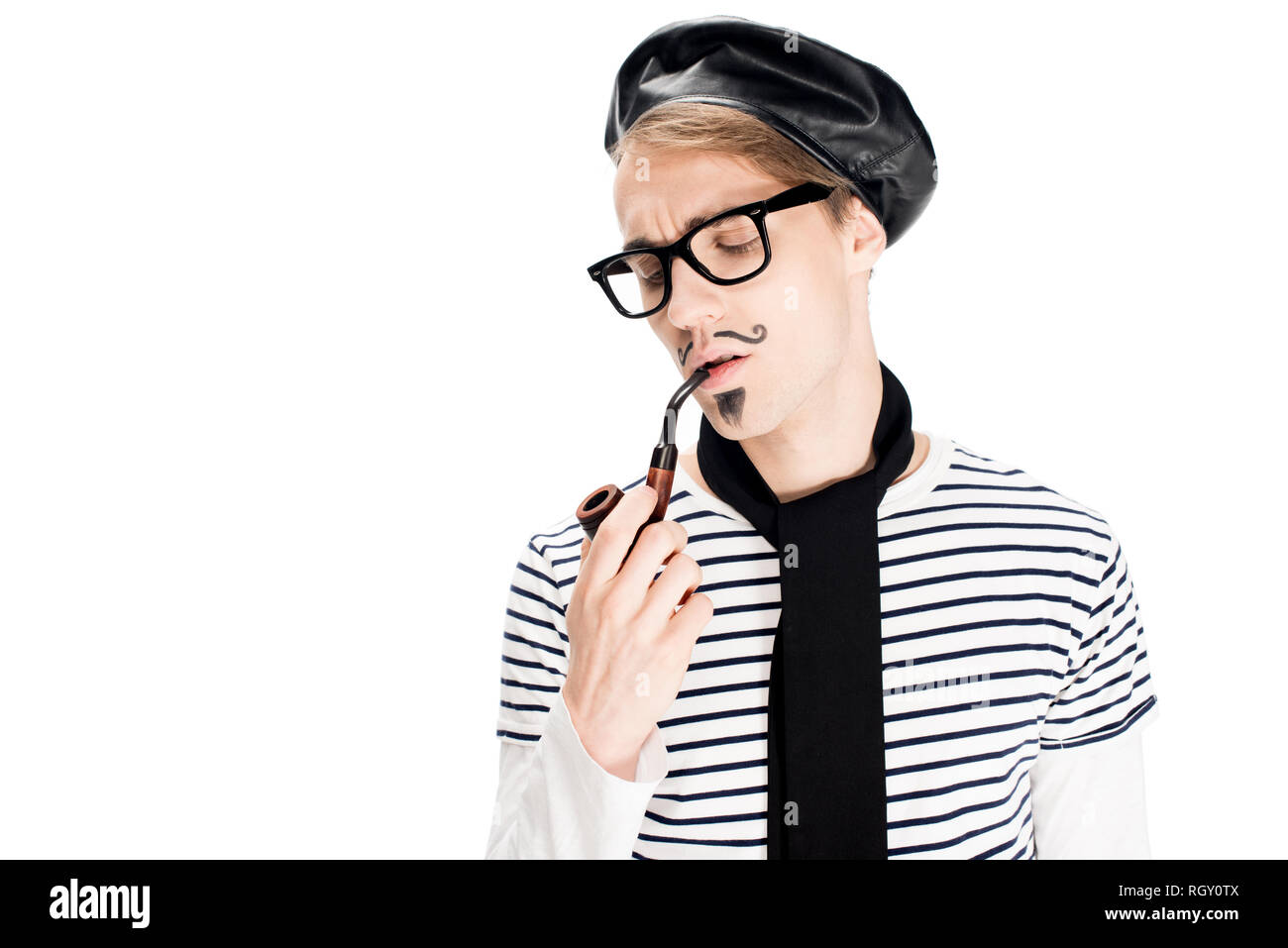 handsome french man in glasses smoking pipe isolated on white Stock ...