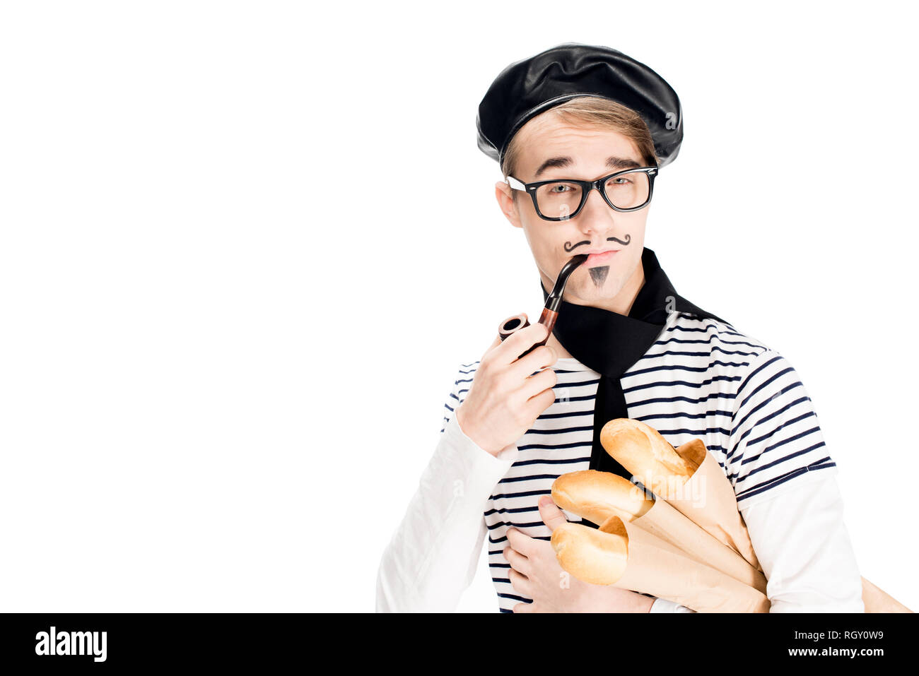 confident french man in glasses smoking pipe and holding baguettes ...