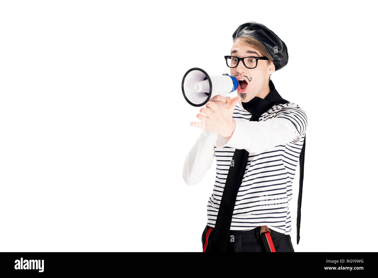 french man in black beret screaming in megaphone isolated on white ...