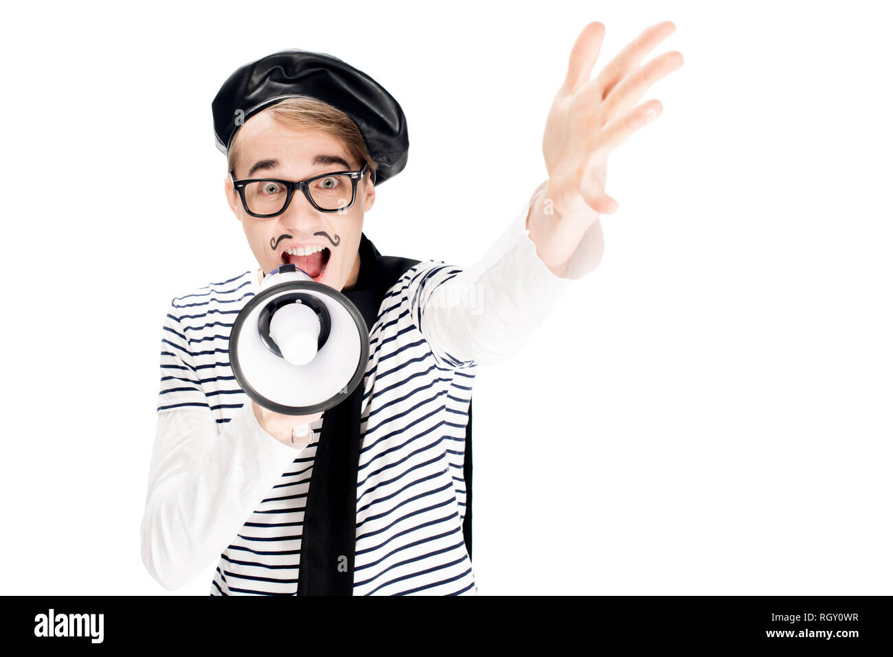 french man in glasses screaming in megaphone isolated on white Stock ...