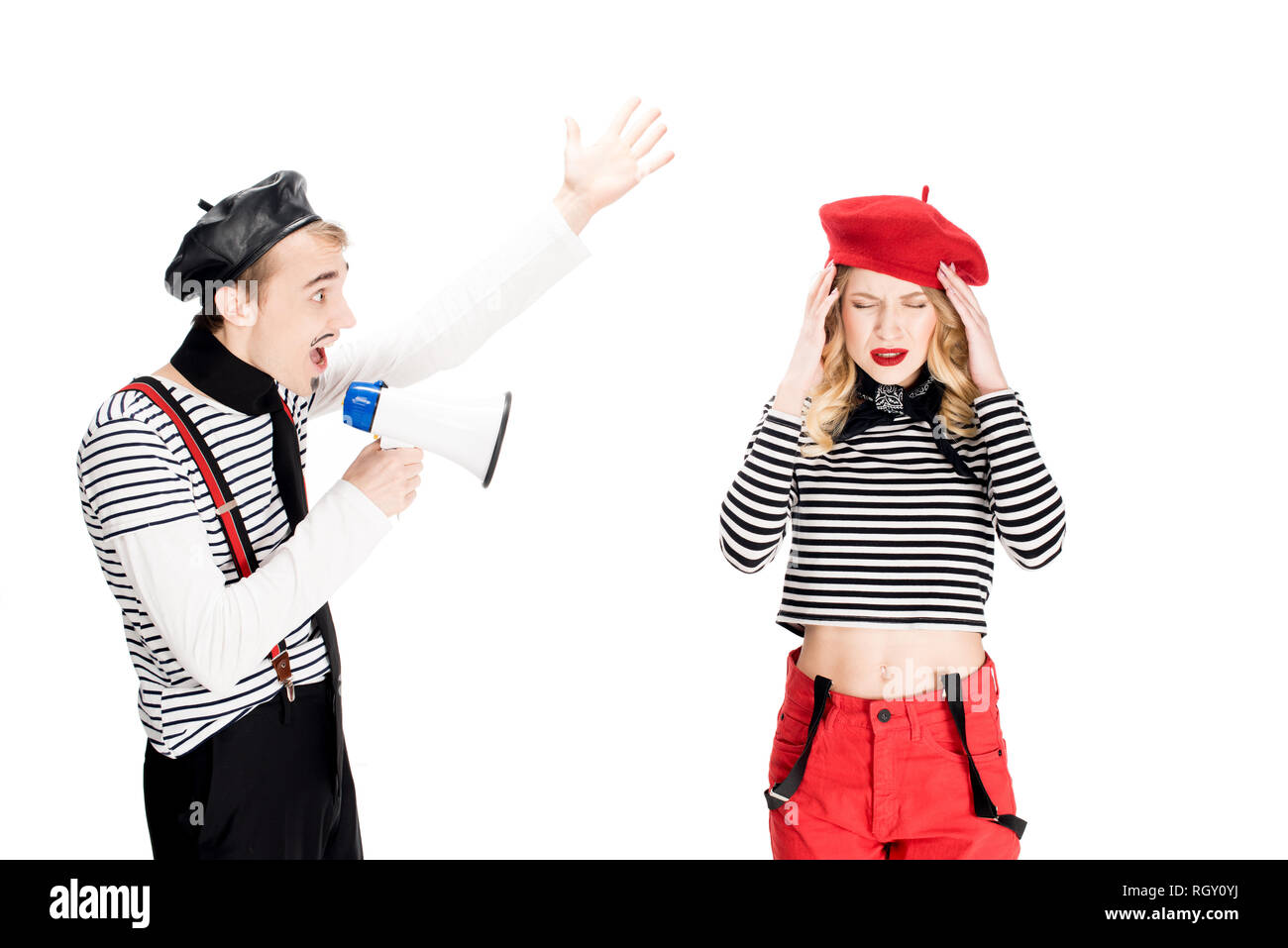 french man screaming in megaphone near woman in red beret isolated on ...