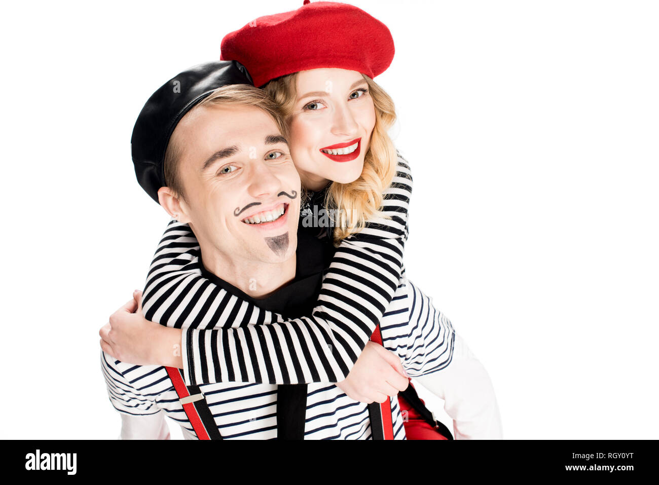 cheerful woman hugging french man with mustache isolated on white Stock ...