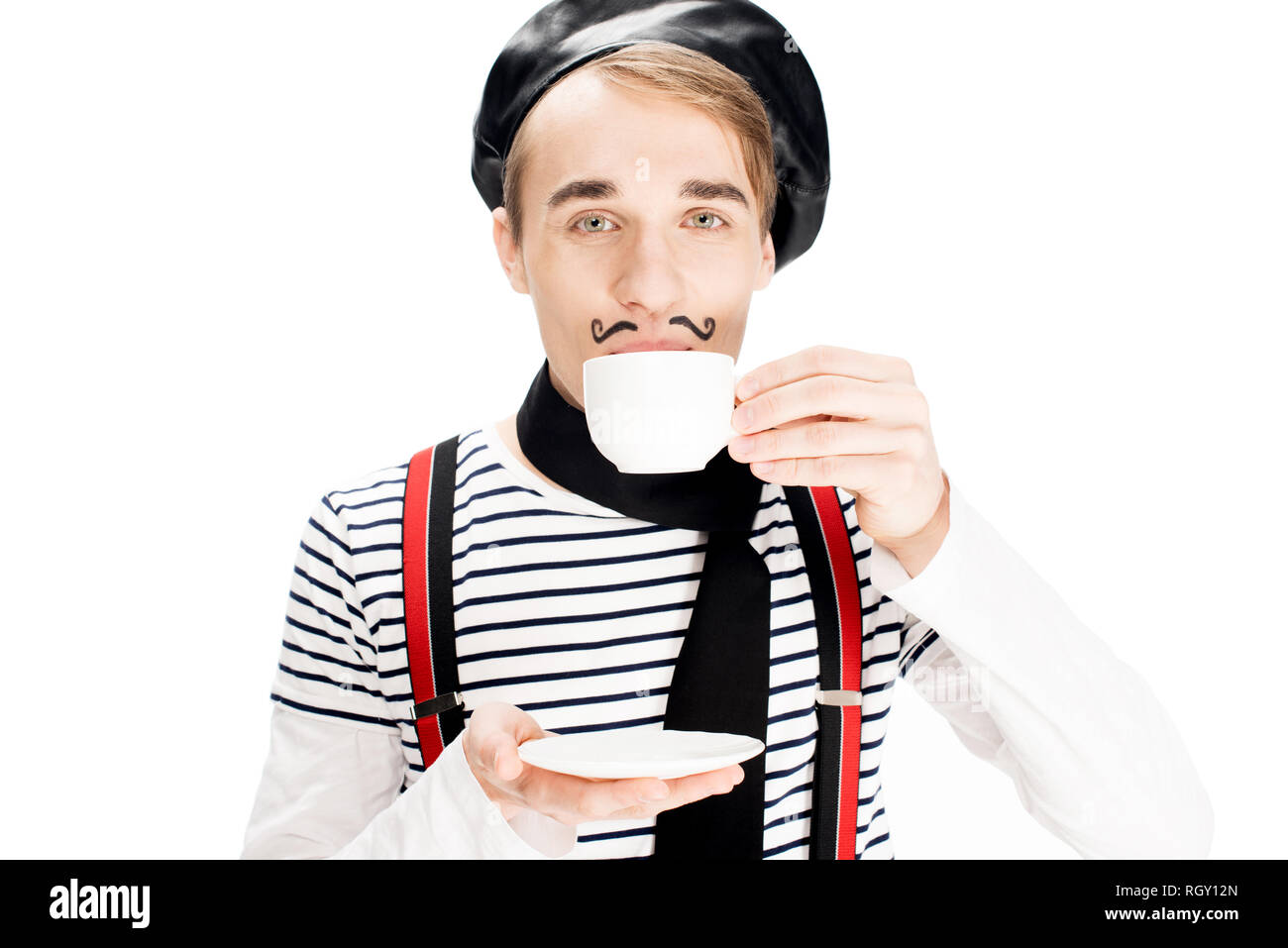 handsome parisian man drinking coffee isolated on white Stock Photo - Alamy
