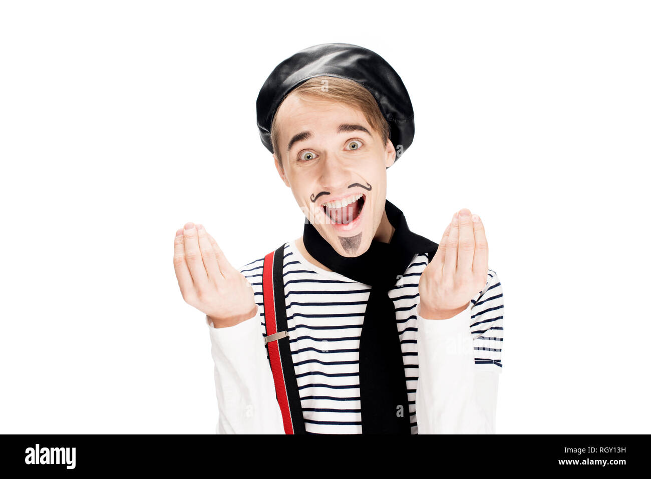 happy french man in black scarf and beret gesturing isolated on white ...