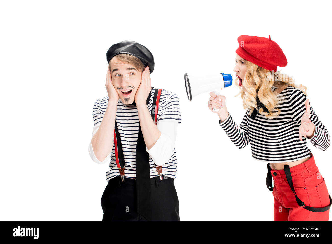 angry french woman screaming in megaphone near boyfriend isolated on ...