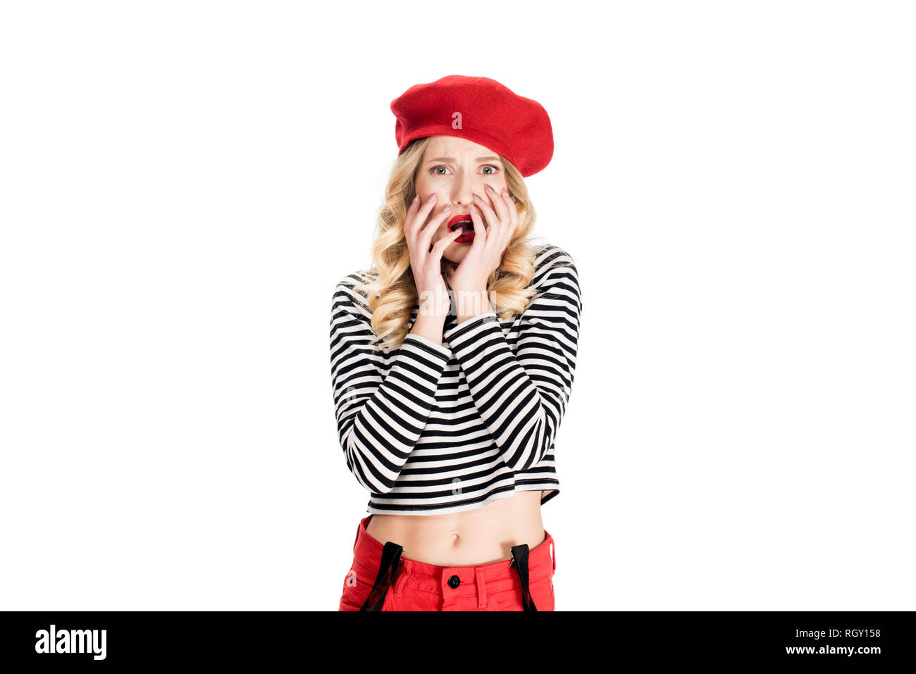 scared french woman in red beret isolated on white Stock Photo - Alamy