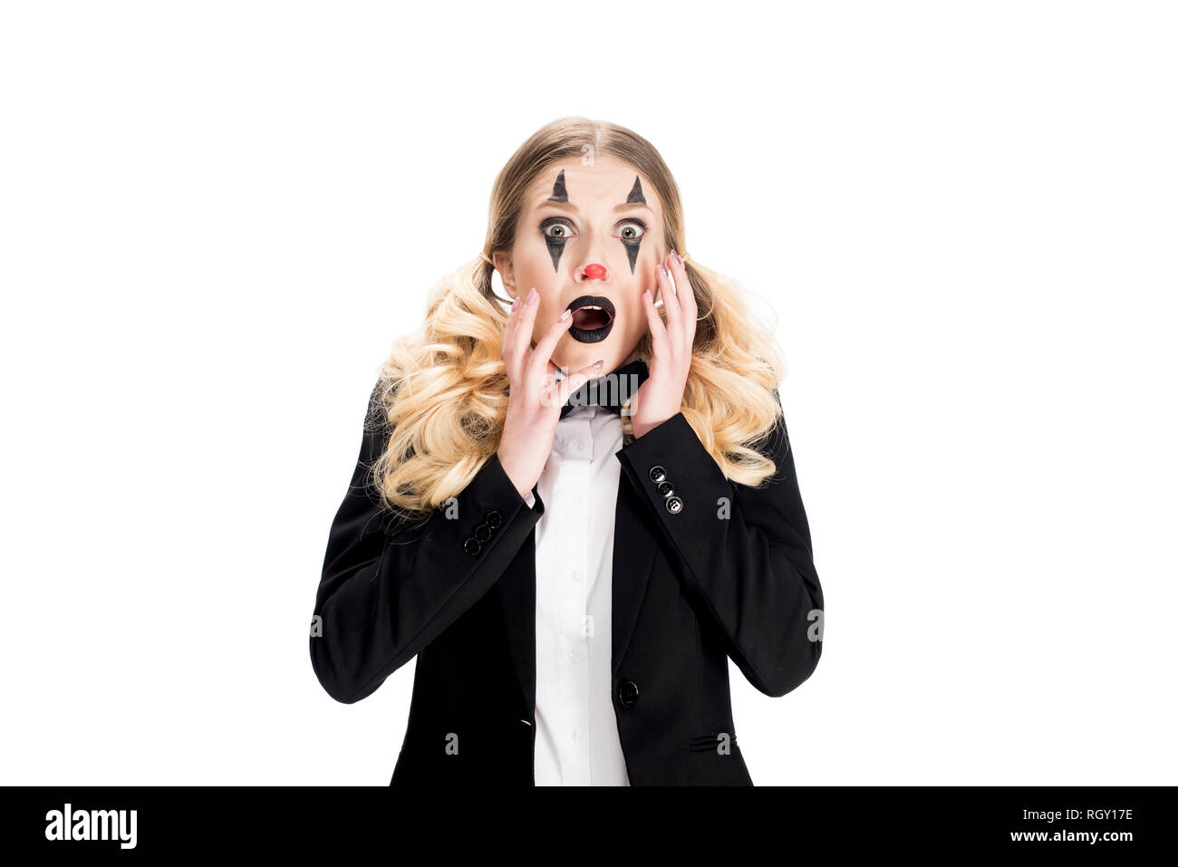 scared female clown standing in suit isolated on white Stock Photo - Alamy