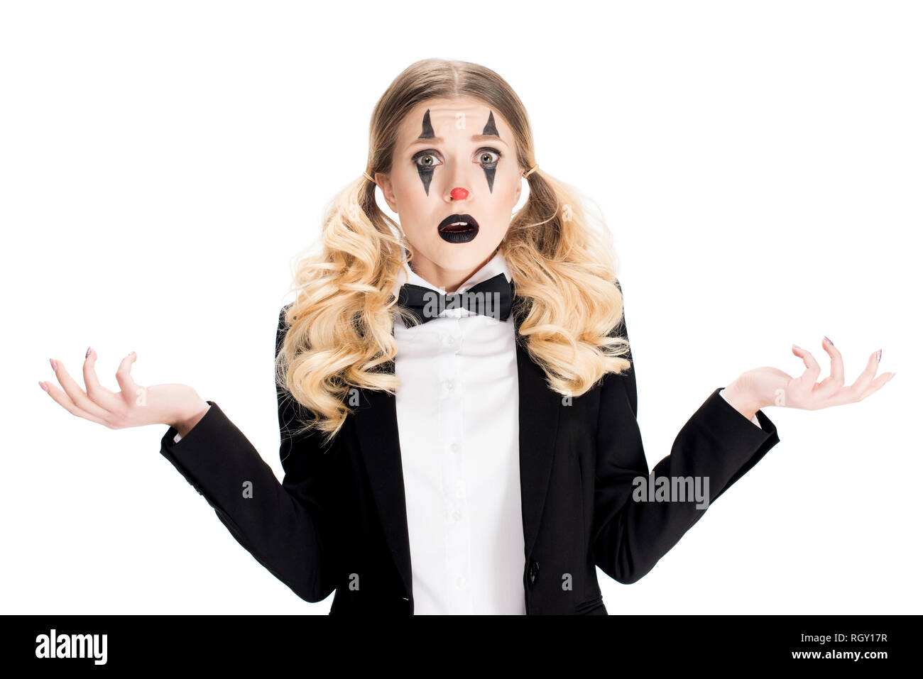 blonde female clown showing shrug gesture isolated on white Stock Photo ...